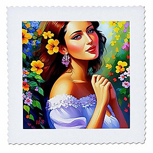 3dRose Splendid Romantic Young Lady Dreams in The Garden. Awesome... - Quilt Squares (qs-379141-9)