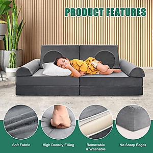 DoCred Kids Couch Play Set, 10PCS Modular Kids Sofa Couch, Kids Fort Couch Bedroom and Playroom Furniture for Toddlers, Convertible Foam Floor Cushion, Grey