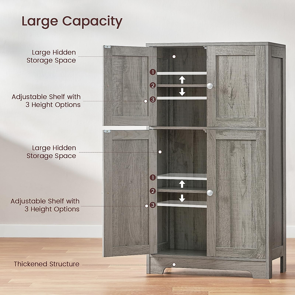 Iwell Storage Cabinet, Bathroom Cabinet with 4 Doors & 2 Adjustable Shelves, 6 Adjustable Heights, Cupboard for Living Room, Entryway, Home Office, Grey
