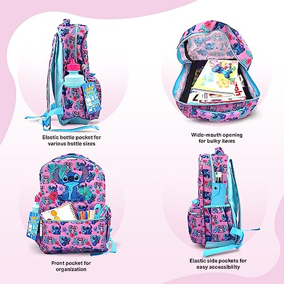 Fast Forward Lilo and Stitch Backpack for Girls 16 inch- 6-Piece Set, Perfect for School, Stitch Book Bag with Lunch Box, Perfect for Back to School & Elementary Age Girls
