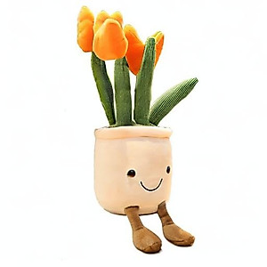 AULUDA Tulip Plush Toy, 13" Orange Flower Pot Stuffed Throw Plushie Pillow Doll, Soft Fluffy Plant Friend Hugging Cushion - Present for Every Age & Occasion