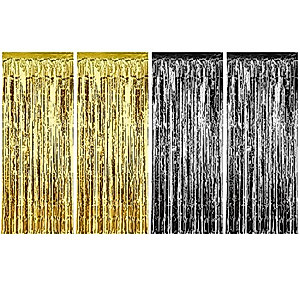 Sumind 4 Pack Foil Curtains Metallic Fringe Curtains Shimmer Curtain for Birthday Wedding Party Christmas Decorations (Gold and Black)