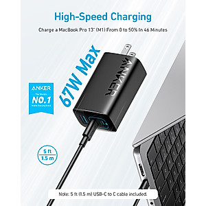 Anker 67W USB C Charger, 3 Port PIQ 3.0 Compact and Foldable Fast Charger for MacBook Pro, iPad, Galaxy, Pixel, iPhone and More (5ft USB C to USB C Cable Included)