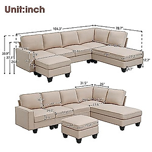 GAOWEI Modern L-Shaped Sectional Sofa,7-seat Linen Fabric Couch Set with Chaise Lounge and Convertible Ottoman for Living Room,Apartment,Office Modular sectional Sofa l Shaped Sofa (Khaki)
