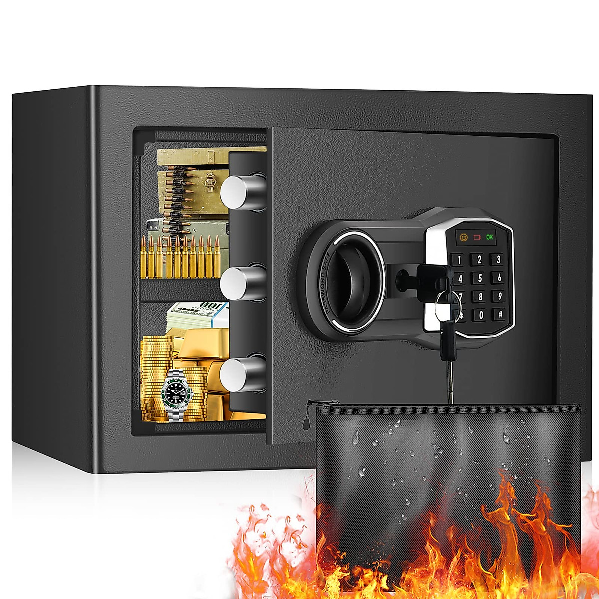 4.0 Cuft Large Home Safe Fireproof Waterproof, Anti-theft Fireproof Safe with Fireproof Bag, Programmable Keypad and Spare Keys, Digital Security Home Safe for Documents Firearm Money Valuables
