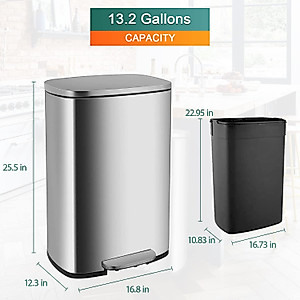 Dkelincs 13 Gallon Stainless Steel Trash Can, Step Kitchen Garbage Can with Lid & Removable Inner Bucket, 50 Liter Pedal Metal Rubbish Bin for Bedroom, Bathroom