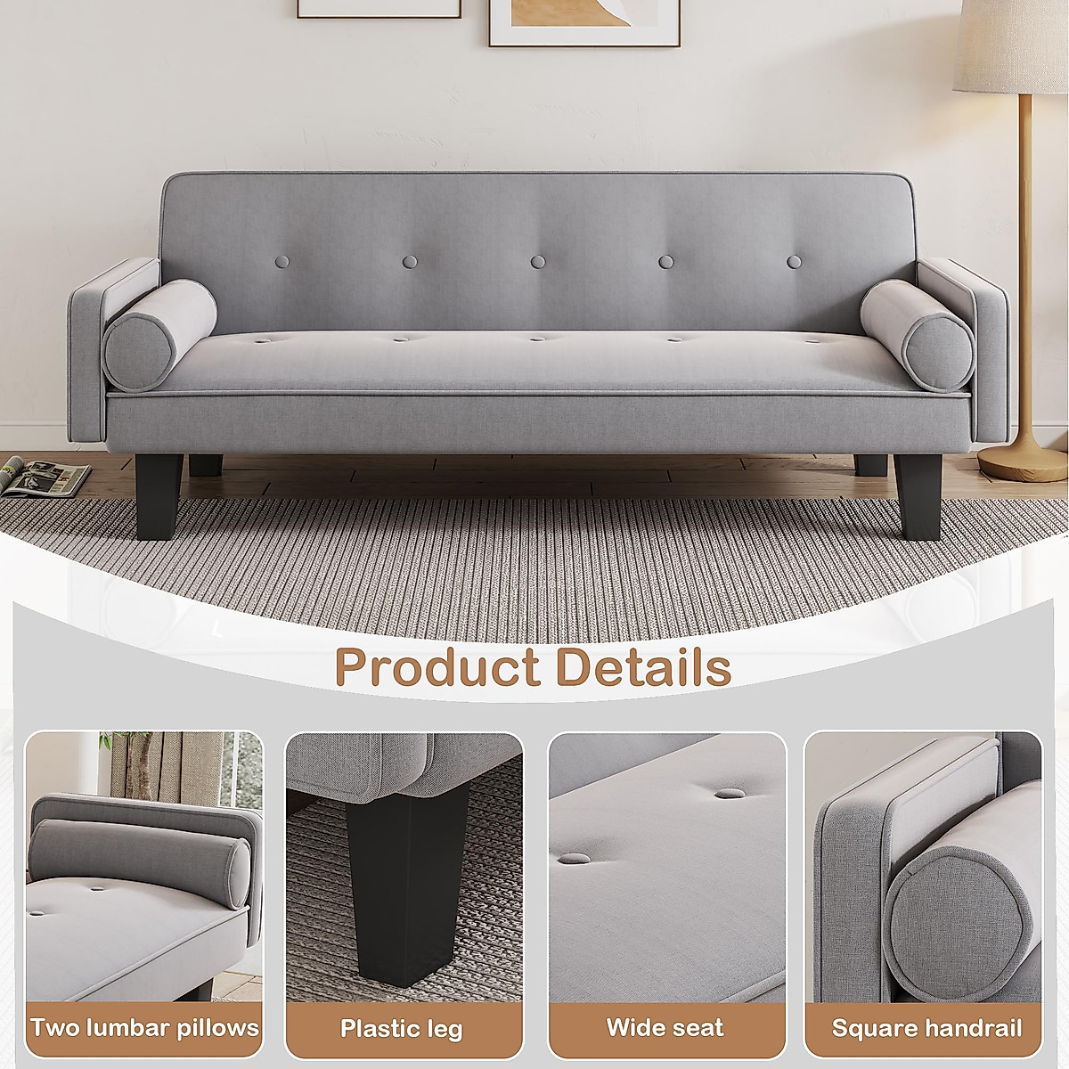 72" Convertible Sofa Couch Bed with 2 Pillows, Cotton Linen Loveseat Sofa Bed with Soild Wood Legs,Modern Upholstered Folding Reclinerfor Living Room Apartment Office