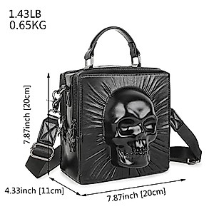 Chikencall 3D Skull Top-handle Bag Zippered Punk Rock Shoulder Bag Vegan Leather Waterproof Embossed Ghost Head Handbag Black Medium Satchel