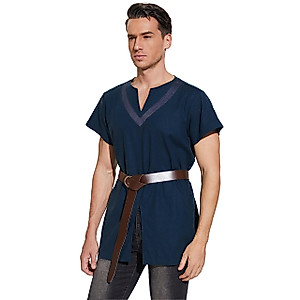 FURPHI US Size Medieval Linen Tunic with Belt for Men Medieval Shirt Knight Ren Faire Costume