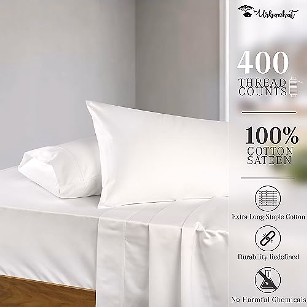 URBANHUT 400 TC Egyptian Cotton Sheets King Size, Sateen Weave Luxury Bedsheets for King Size Bed, 4 pc Bed Sheets Set, Cooling Sheets, with 16" Elasticized Deep Pockets, Hotel Sheets - White