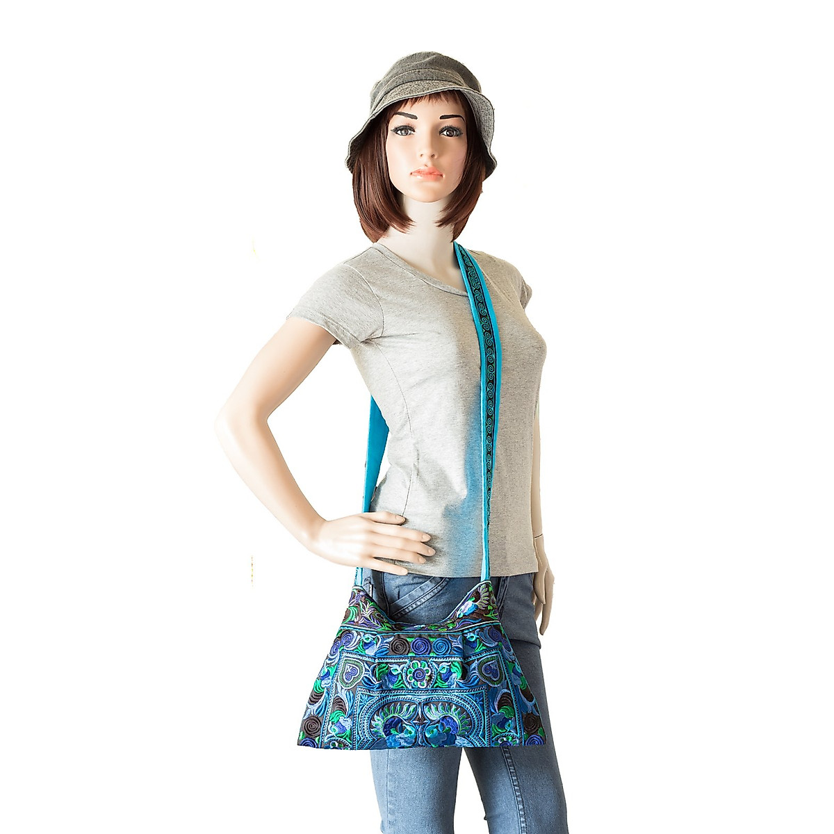 changnoi Handmade Crossbody Bag, Hmong Tribes Embroidered Sling Bag (Bird Blue)