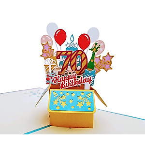 iGifts And Cards Happy 70th Blue Birthday Party Box 3D Pop Up Greeting Card – Seventy, Awesome, Balloons, Unique, Celebration, Feliz Cumpleaños, Fun, Festive