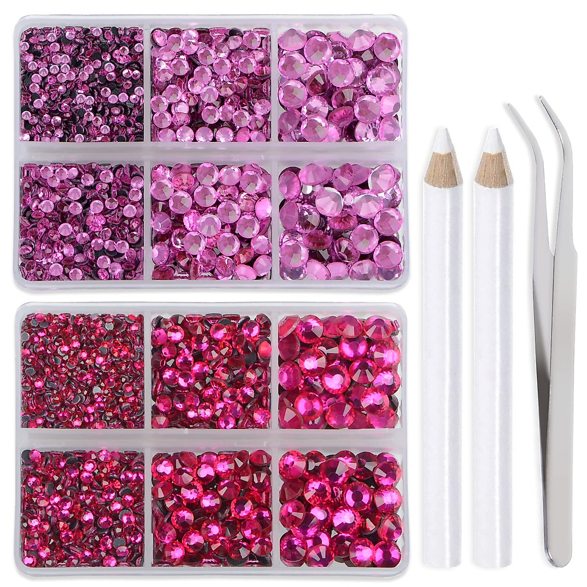 LPBeads 6400 Pieces Pink and Fuchsia Hotfix Rhinestones Flat Back 5 Mixed Sizes Crystal Round Glass Gems with Tweezers and Picking Rhinestones Pen