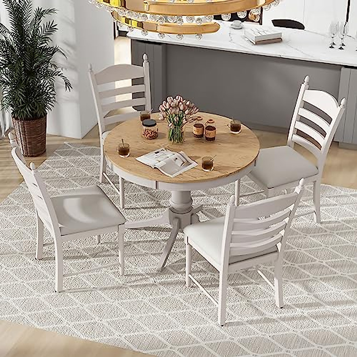 Tensun Dining Table Set, 5-Piece Retro Functional Dining Table Set, Wood Round Extendable Kitchen Table and 4 Upholstered Dining Chairs with Backrest for Kitchen, Living Room, Off White
