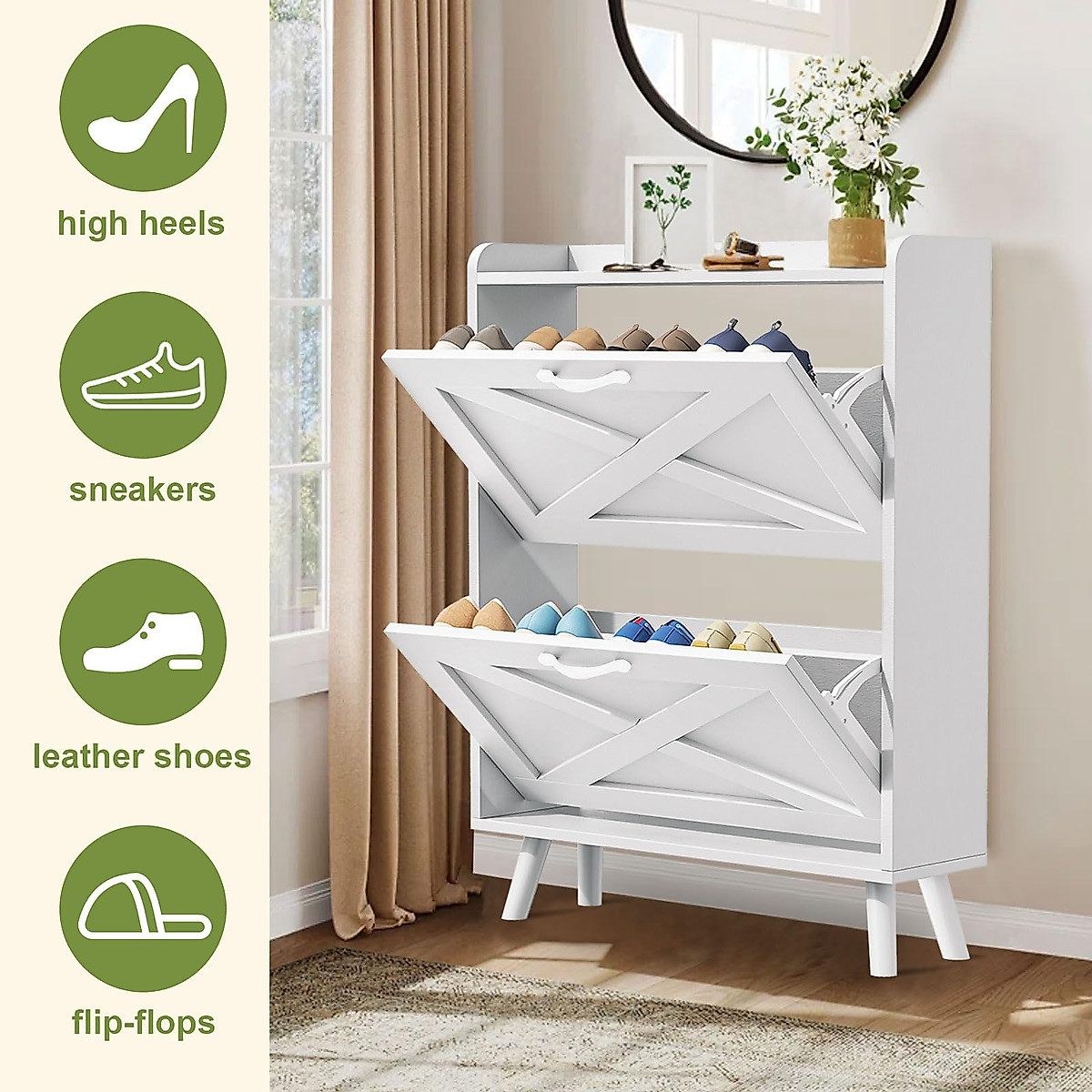 Crownland Shoe Storage Cabinet, Shoe Storage Organizer with 2 Flip-Out Drawers, Modern Two-Tier Freestanding Shoe Rack Cabinet for Entryway, Hallway, Living Room(White-Small)