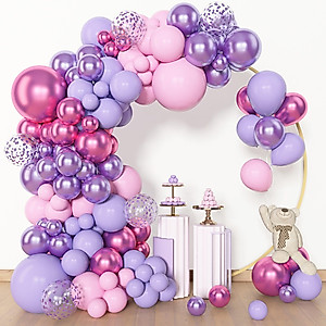 Amandir 153pcs Pink Purple Balloon Garland Arch Kit, Different Sizes 18 12 10 5 inch Pink Purple Red Latex Metallic Confetti Purple Balloons for Girl Women Birthday Bridal Baby Shower Party Decoration