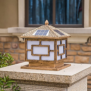 KAIKEA LED Cast Aluminum Solar Lights Outdoor Garden Waterproof Column Post Light Fixture Bright Traditional Classical Acrylic Villa Porch Decor Pillar Lamp,European Retro Post Lamp