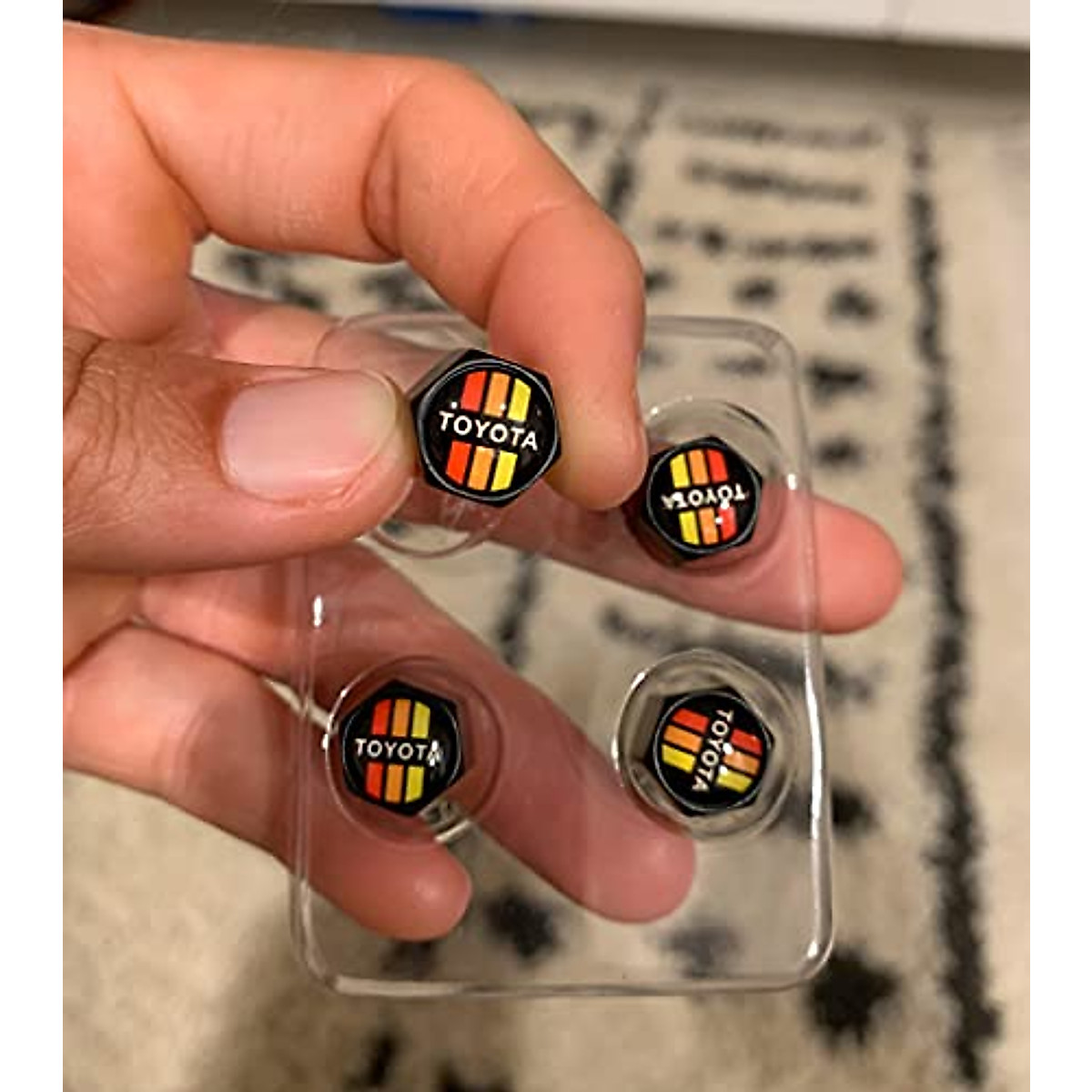 Tactilian Retro Toyota Valve Stem Cap - Red Orange Yellow Yota Aluminum with Rubber Ring Tire Wheel Rim Dust Cover fits Cars, Trucks, Bikes, Motorcycles, Bicycles - (4 Pack) (Retro Toyota)