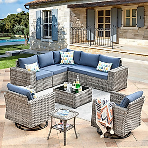 XIZZI Patio Furniture Sets Outdoor Sectional Sofa with Swivel Rocking Chairs,9 PCS All Weather PE Wicker Outside Conversation Couch with Coffee and Side Table for Backyard Deck Garden,Denim Blue