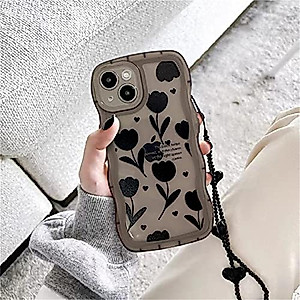 Fycyko Compatible for iPhone 14 Pro Max Case with Cute Simplicity Black Flowers Pattern Design Women Teen Girls Lens Protection Case for iPhone 14 Pro Max +Black Heart Chain