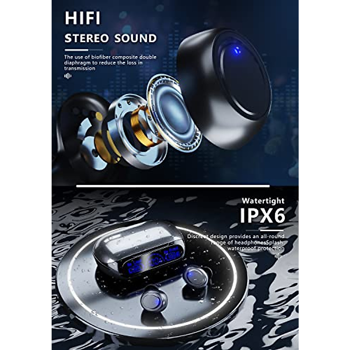 Wireless Earbuds Bluetooth 5.3 Headphones,160hrs Playback Button Control IP6 Waterproof Earphones In-Ear Power Display TWS Ear Buds with Mic and 1800mAh Charging Case Stereo Bass for Workout Sport