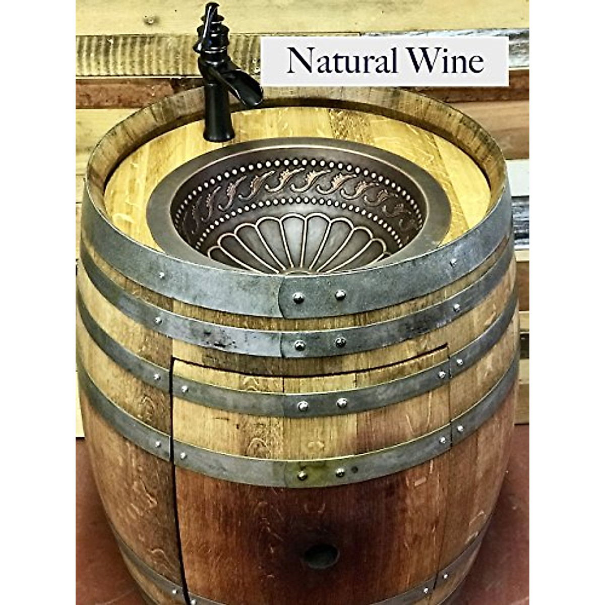 Wine Barrel Copper Sink Vanity with Hidden Hinged Door and Antique Waterfall Faucet