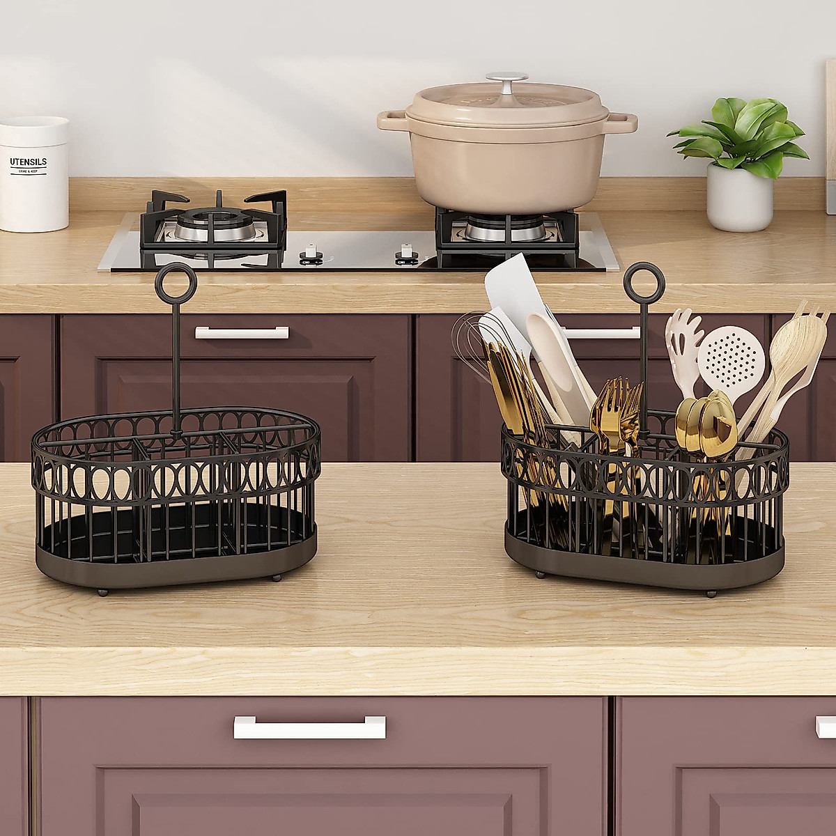 GILLAS Utensil Caddy, Cutlery Silverware Organizer For Forks, Spoons, Knives, Napkins And Desk Supplies, Storage Basket With 4 Compartments (Black)