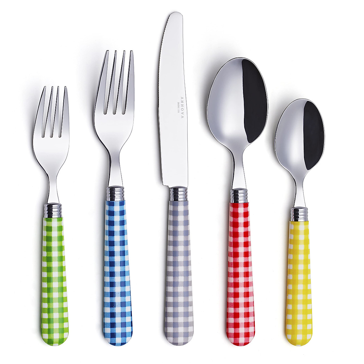 ANNOVA Silverware Set 20 Pcs Stainless Steel Cutlerty Color Handle Flatware -4xDinner Knife;4xDinner Fork;4xSalad Fork;4xDinner Spoon;4xDessert Spoon (Mix Color/Gingham Checkered Pattern)