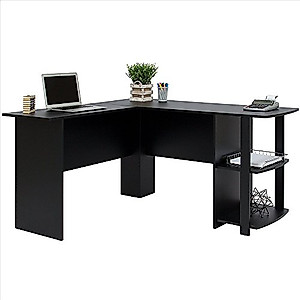 Wooden Desk for Office,L-Shaped Wood Right-Angle Computer Desk with Two-Layer Bookshelves, Black