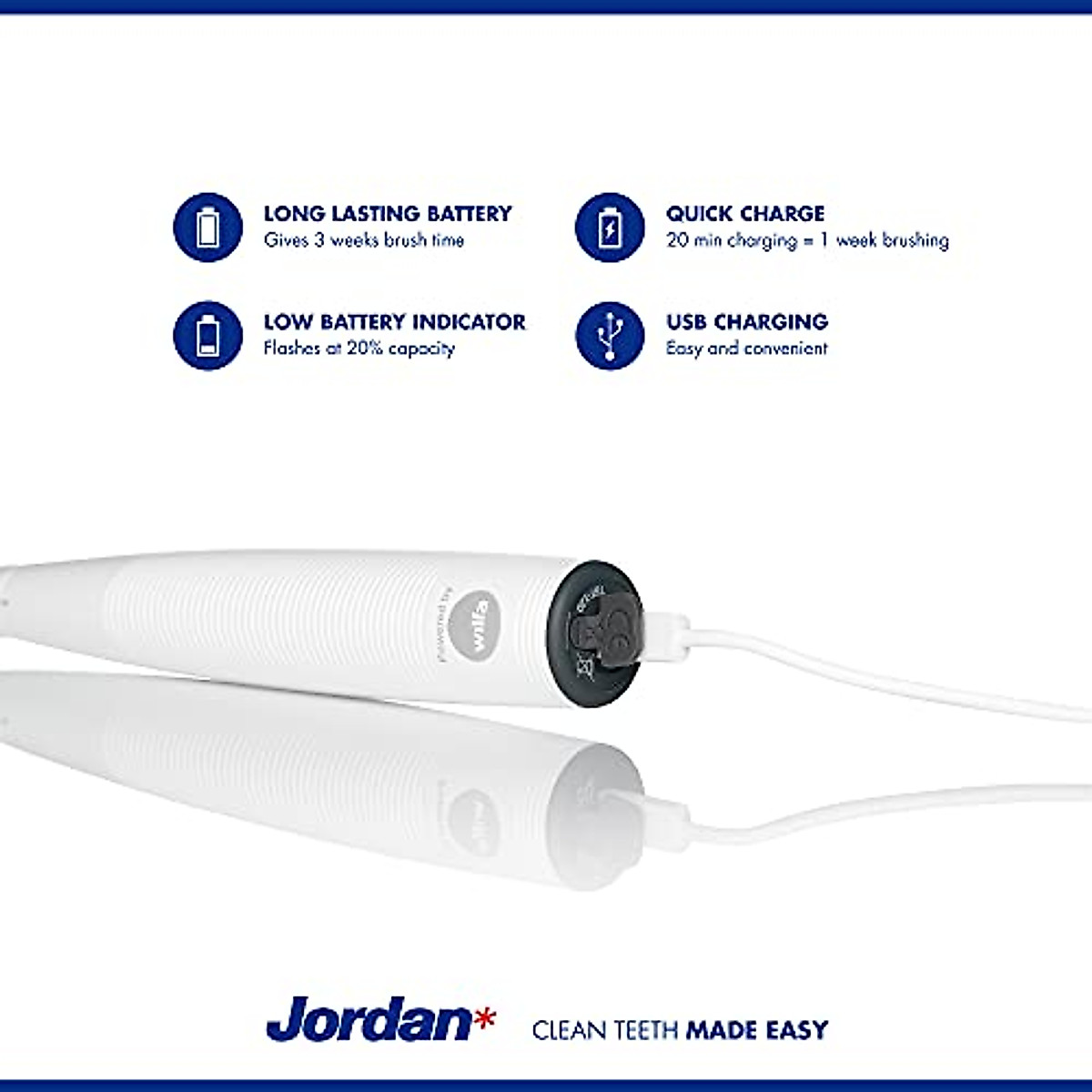 Jordan* ® | Clean Smile Electric Toothbrush for Adults | Rechargeable Toothbrush Electric with Quick Charge, Long-Lasting Battery, Pressure Sensor, 2 Speed Modes | Includes Travel Case | Black Color