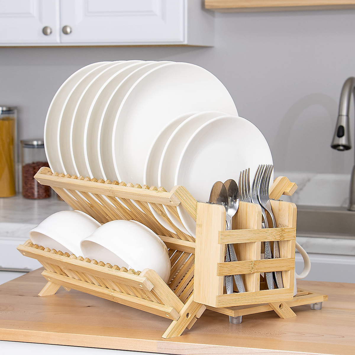 JOEY'Z Bamboo Dish Rack, Collapsible Dish Drying Rack for Kitchen Counter 3 Tier Kitchen Drying Rack (Dishrack with Utensil Holder)