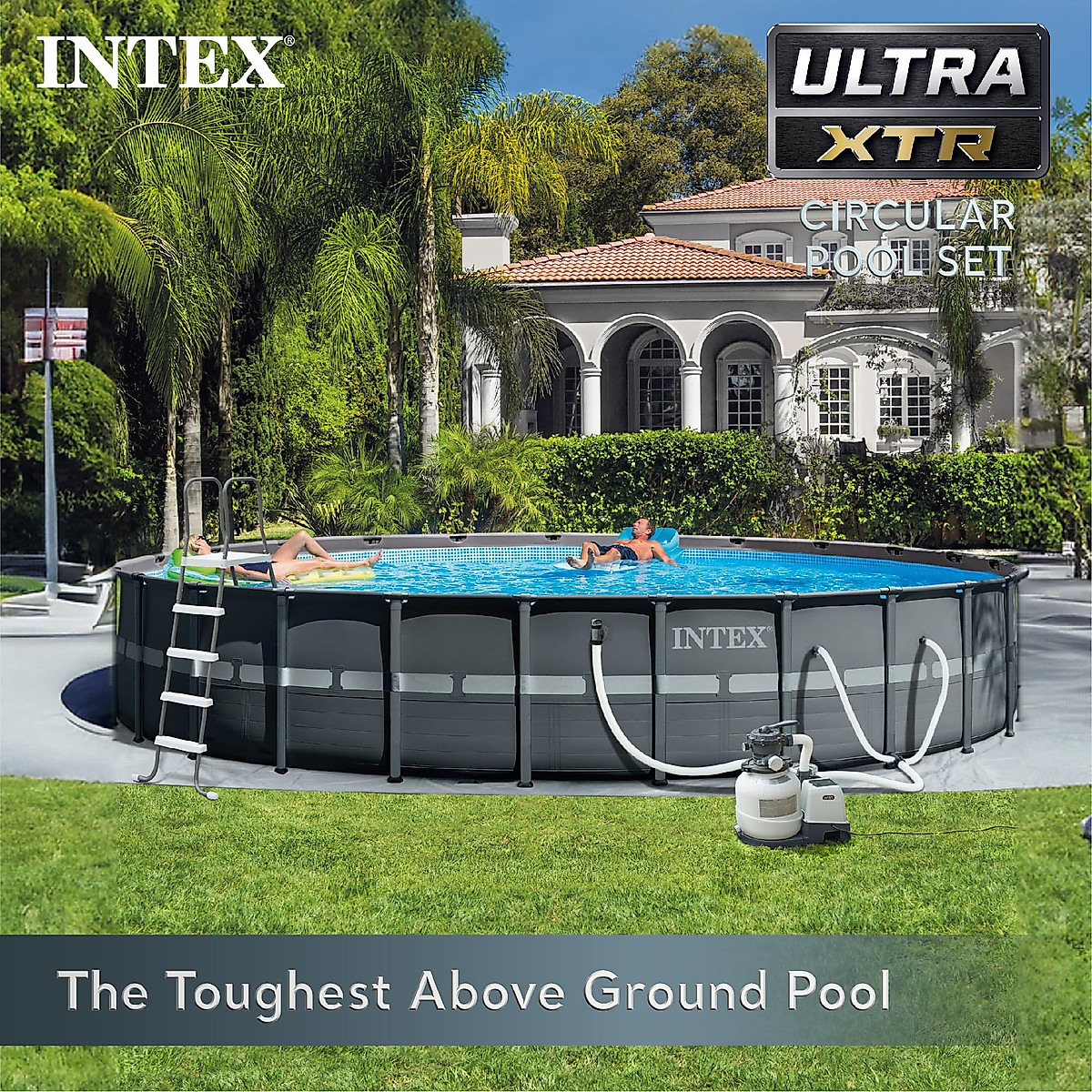 Intex 26 Foot by 52 Inch Framed Swimming Pool with Pool Cover, Inflatable Beverage Cooler, and Set of 2 Inflatable Floating Recliner Chairs, Dark Gray