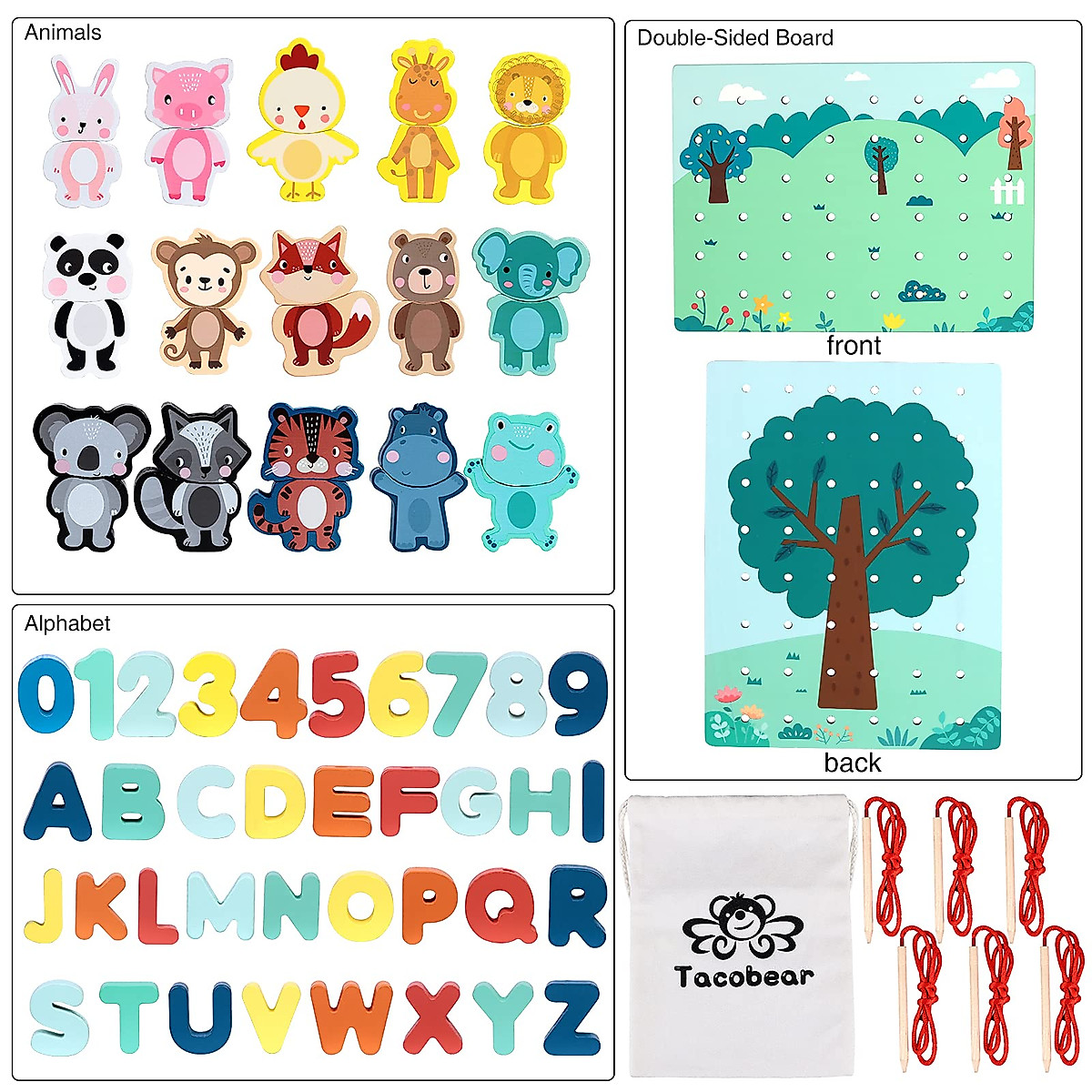 Atoylink 66 PCS Lacing Beads Montessori Toys for Toddlers with Lacing Board Wooden Primary String Threading Beads Animal Letters Numbers Lacing Toy Preschool Educational Toy for 3 4 5 6 7 8 Years Old