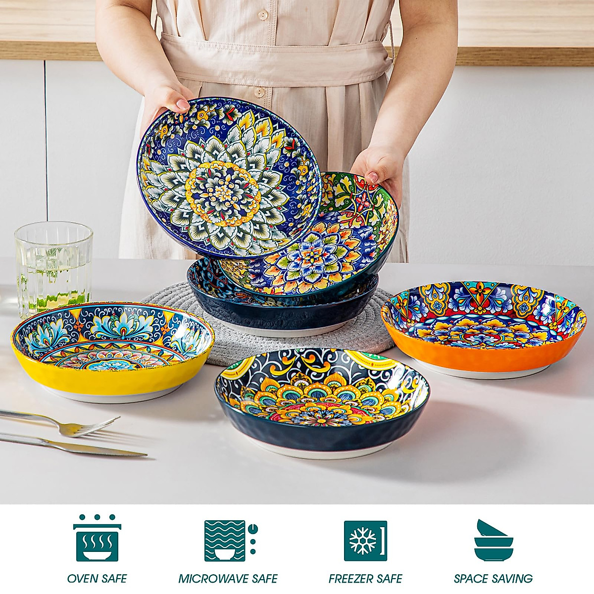 vancasso Pasta Bowls, Ceramic Salad Bowls of 6, 32 oz Large Corlorful Serving Bowls for Kitchen, Dishwasher & Microwave Safe Soup Bowls, Pasta Plates