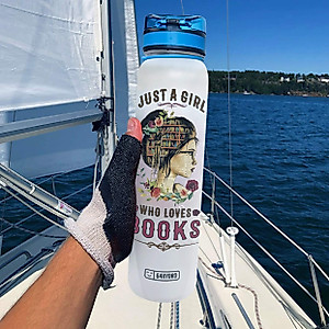 64HYDRO 32oz 1Liter Motivational Water Bottle with Time Marker & Removable Strainer Flip Top Leakproof Durable BPA Free Non-Toxic for Home Work Gym Fitness Sports - Reader Girl Loves Books