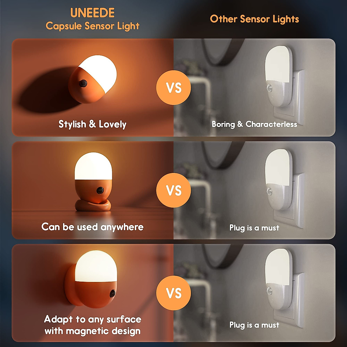 UNEEDE Motion Sensor Night Lights for Kids Room, Cute Mini Rechargeable Baby Led Nightlight, Portable Magnetic Nursery Capsule Night Lamp with Soft Warm Light for Toddler Hallway Toilet Stairs Wall