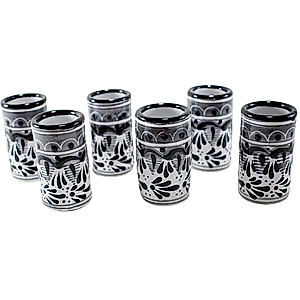 MAREY Mexican Pottery Shot Glasses | Talavera Poblana | Talavera Pottery | Set of 6 Pieces | 100% Handmade | Tequila Cups (Black & White, 2 Oz.)