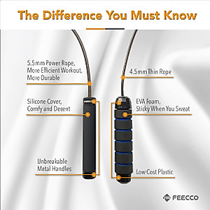 FEECCO 1/2 lb Weighted Jump Rope for Boxing, Cardio, Crossfit Workout, 8~11ft Range Adjustable Length Steel Ropes with Ball Bearings and Metal Handles, Suitable for Men and Women
