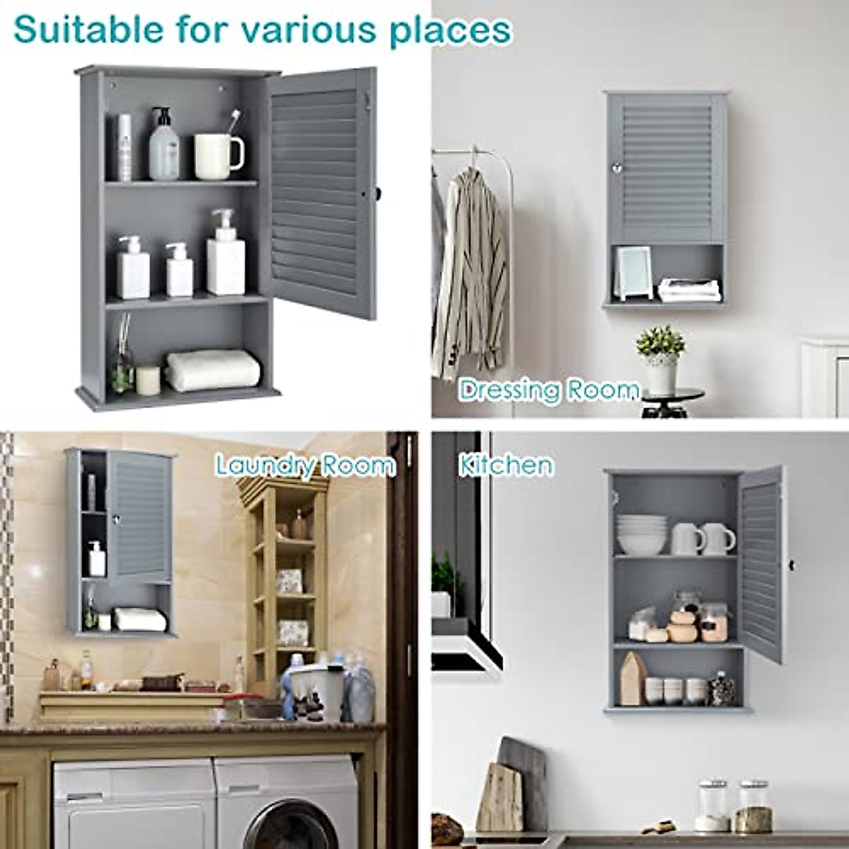 Bathroom Wall Cabinet, Wall Mounted Medicine Cabinet w/Single Louver Door, Adjustable Shelf, Bathroom Cabinet Wall Mounted Wooden Bathroom Storage Cabinet Over Toilet Laundry Room Kitchen (Gray)