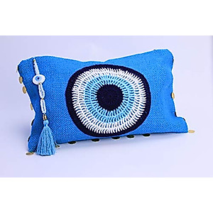 Karens Ege Evil Eye Jute/Burlap Clutch Bag for Women Beach Bag Zipper Closure with Crystals and Tassels (w/o Chain)