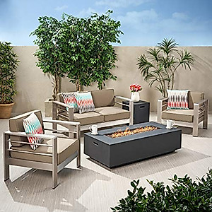 Christopher Knight Home Cape Coral Outdoor Chat Set with Fire Table, 5-Pcs Set, Khaki / Dark Grey