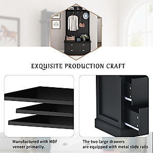 Aisurun Vintage 38.5" Wide Hall Tree Coat Rack Coat Hanger with 5 Hooks, 2 Large Drawers & 1 Top Shelf, Storage Bench Entryway Bench for Hallway Living Room (Black)