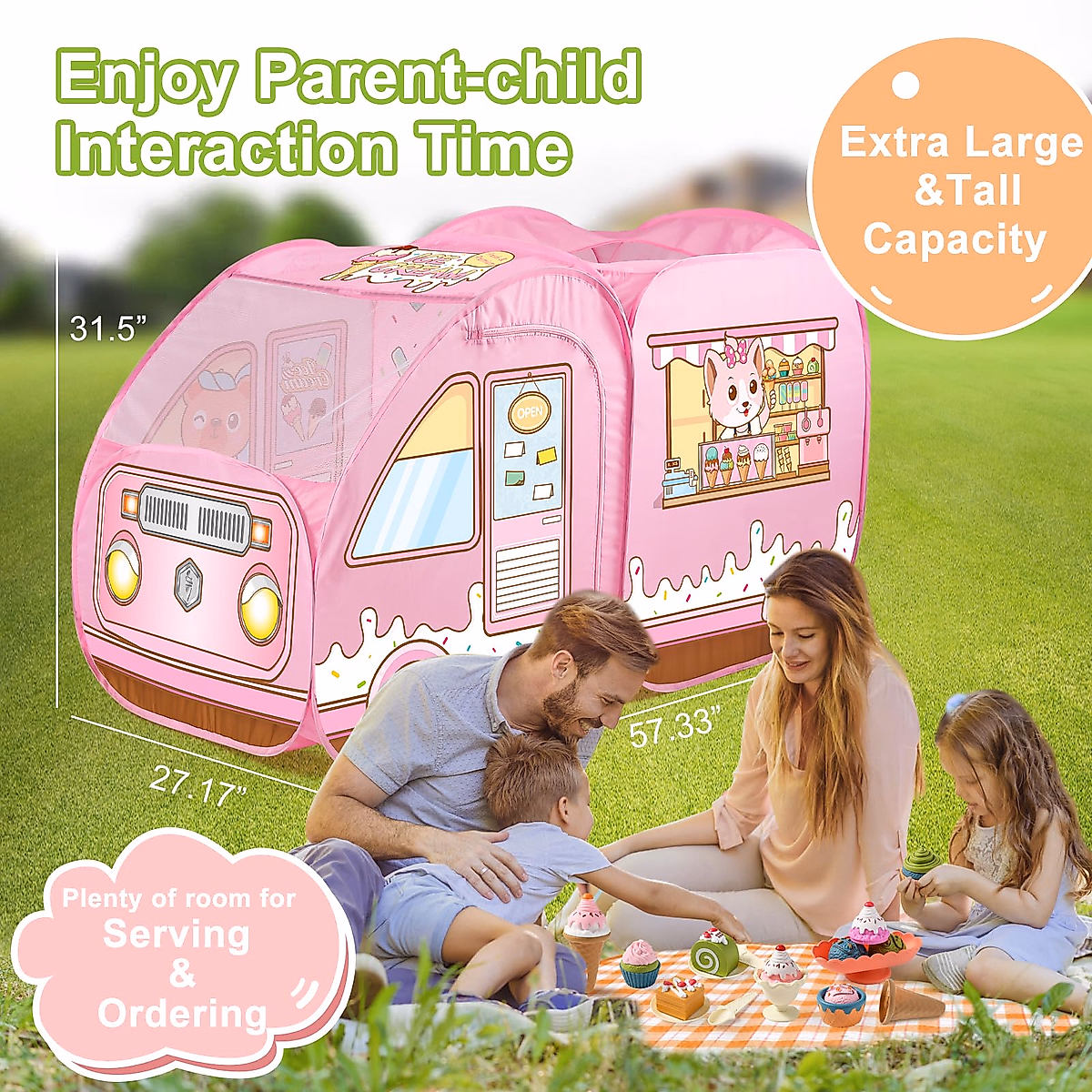 Ice Cream Truck Play Tent for Kids, 45 Pc. Pretend Play Toy Food Set, Pop Up Playhouse with Children’s Play Tent Ball Pit, Great Gifts for Toddlers, Baby, Boys & Girls（Ball Pit Balls Not Included）