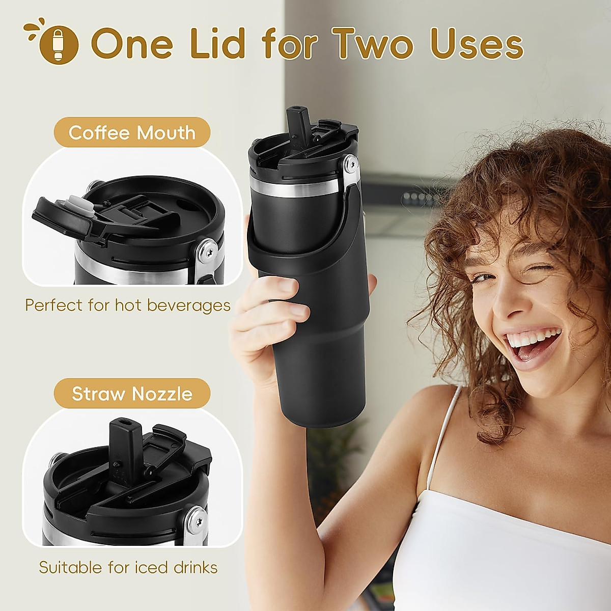 VUSIGN 30 oz Tumbler with Handle and Flip Straw, Stainless Steel Vacuum Insulated Water Bottle Travel Mug Thermal Cup for Home, Office, Car, Outdoors, Sports, Black