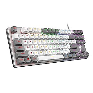 AULA F3287 Wired TKL Rainbow Mechanical Gaming Keyboard, 80% Compact Tenkeyless 87 Keys Layout w/Tactile Red Switches, White & Grey Mixed-Color Keycaps, Programmable Macro Keys