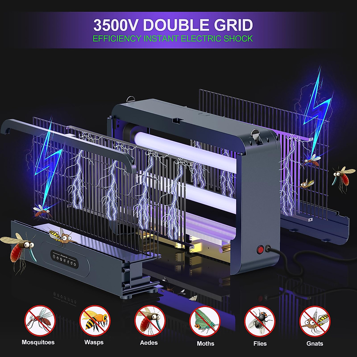 Electric Bug Zapper Indoor, 3500V Fruit Fly Traps for Indoors Home, Fly Zapper Mosquito Trap with Double-Sided Grid and Timer Remote, 2 Extra Blubs (Grey)