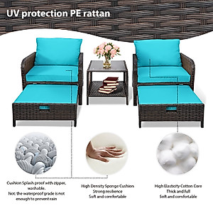 LEVELEVE Balcony Furniture 5 Piece Patio Conversation Set, PE Wicker Rattan Outdoor Lounge Chairs with Soft Cushions 2 Ottoman&Glass Table for Porch, Lawn-Brown Wicker