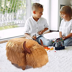 GIA Kids Ottoman with Storage, Foot Stand and Wooden Legs, MacGregor Highland Cow, Brown