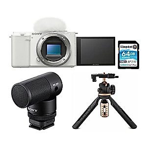 Sony Alpha ZV-E10 APS-C Interchangeable Lens Mirrorless Vlog Camera (Body Only, White) Bundle with Shotgun Microphone, Extendable Tripod with Built-in Phone Mount and Memory Card (4 Items)