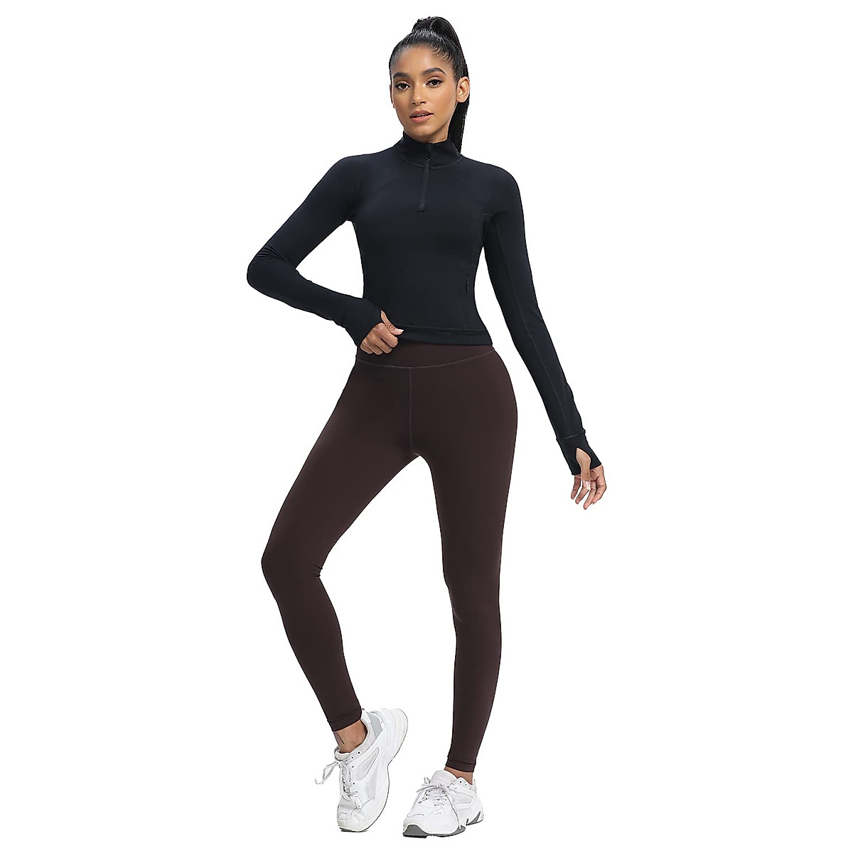 AVGO Long Sleeve Workout Shirts for Women Half Zip Pullover Cropped Sweatshirt Athletic Yoga Shirts(Black,Large)
